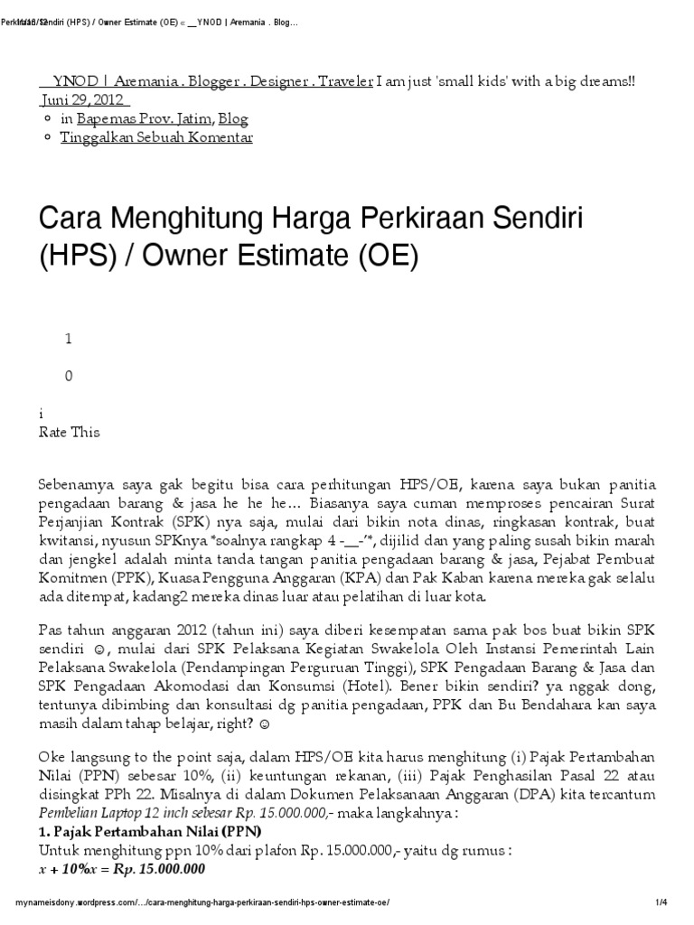Cara Menghitung Harga Perkiraan Sendiri (HPS) - Owner Estimate (OE) PDF | PDF