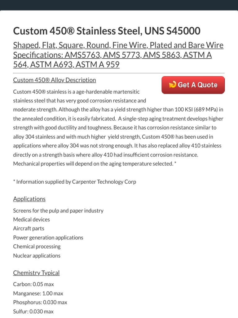 Custom 450 Stainless Steel Wire UNS S45000 PDF | PDF | Stainless Steel ...