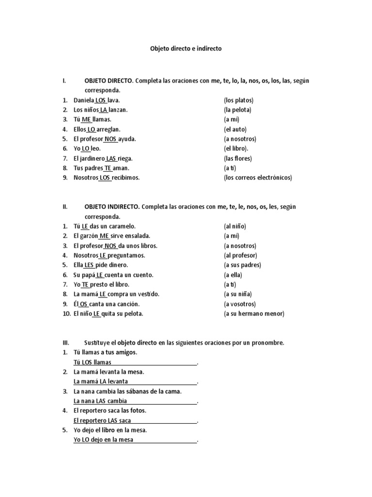 Ejercicios de Objetos Directos e Indirectos | PDF | Objeto (gramática)
