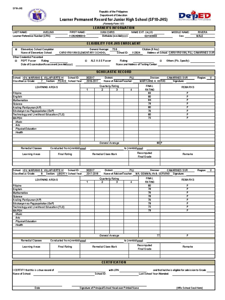 School Form 10 SF10 Learners Permanent Academic Record For Junior High ...
