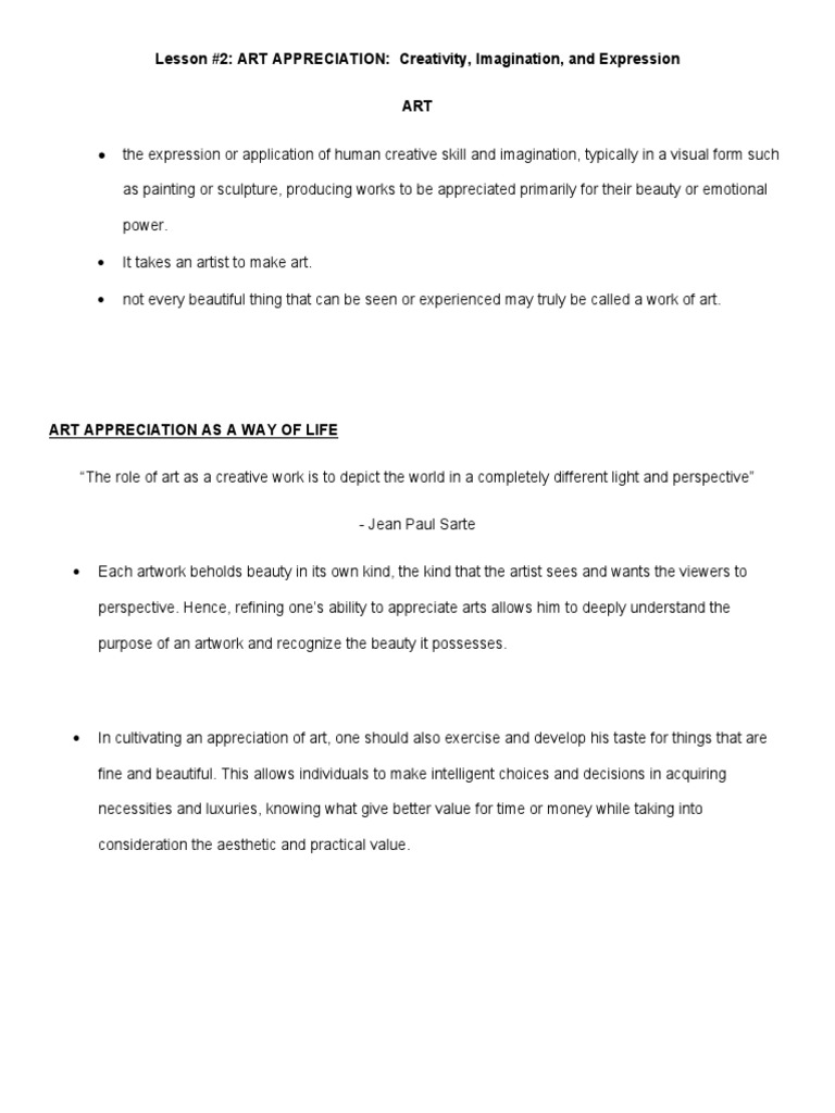 Lesson #2: ART APPRECIATION: Creativity, Imagination, and Expression ART | PDF