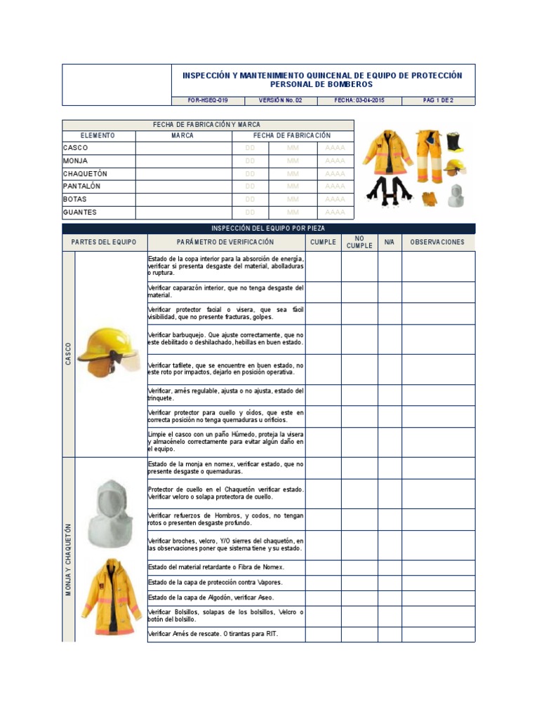 For-Hseq-019 Inspección y Mantenimiento de Epp de Bomberos | PDF ...