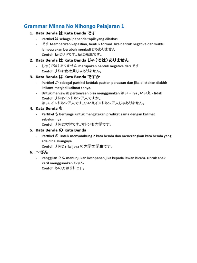 Rangkuman Minna No Nihongo 1 | PDF