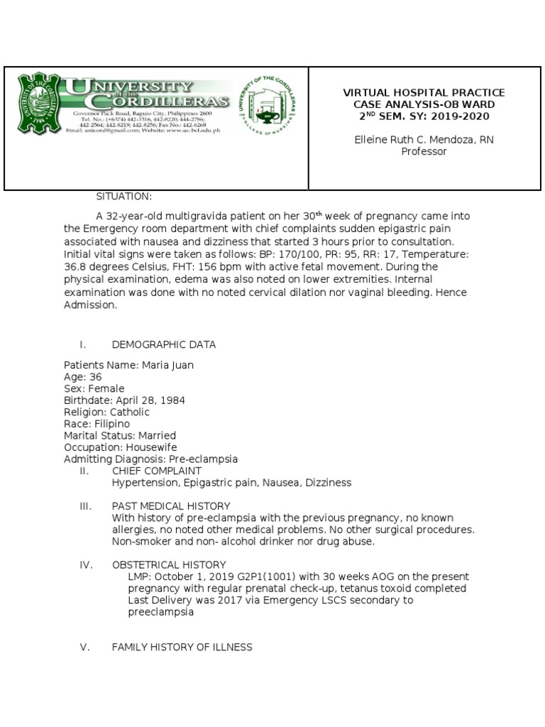 Virtual Hospital Practice Case Analysis-Ob Ward 2 SEM. SY: 2019-2020 | PDF | Physical ...