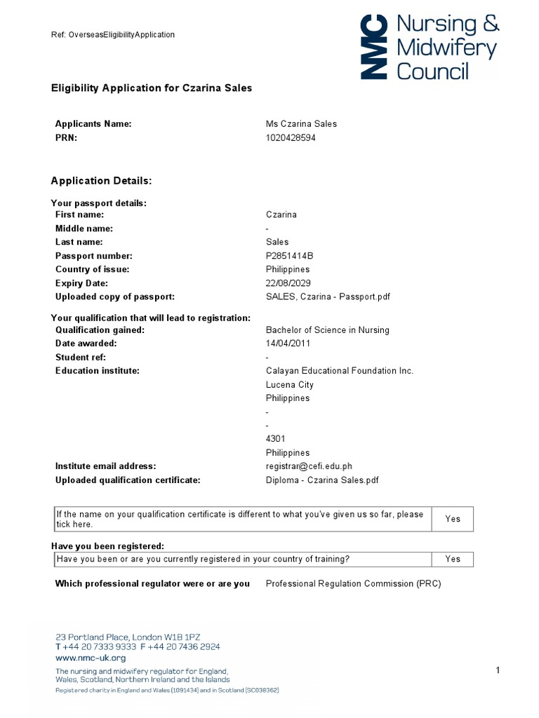 NMC Eligibililty Application | PDF | Nursing | Health Care