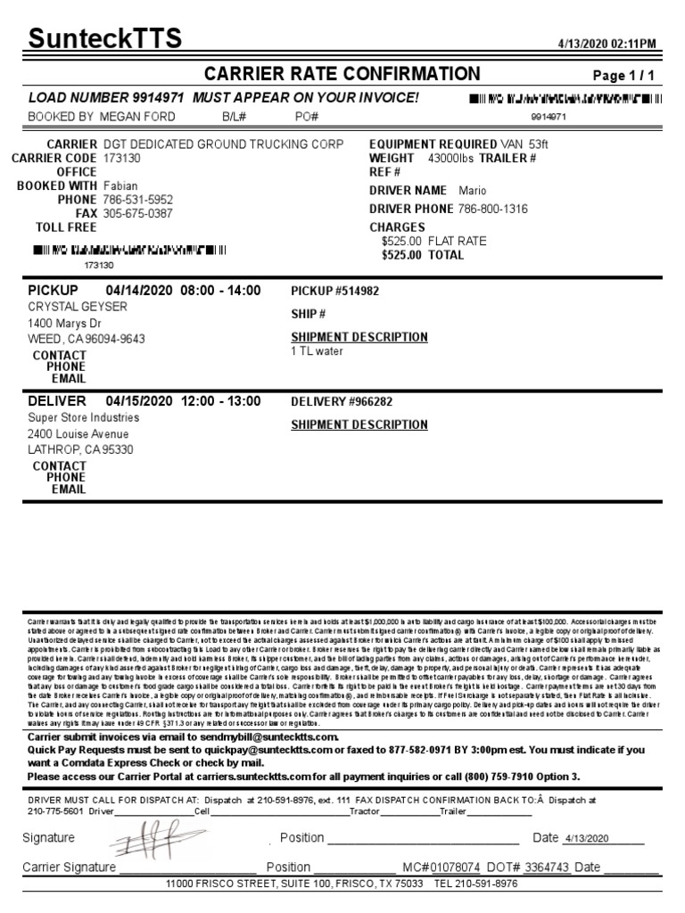 Carrier Rate Confirmation for Water Delivery from Weed, CA to Lathrop ...