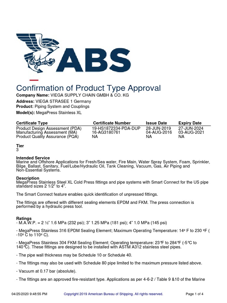 Confirmation of Product Type Approval | PDF | Pipe (Fluid Conveyance ...