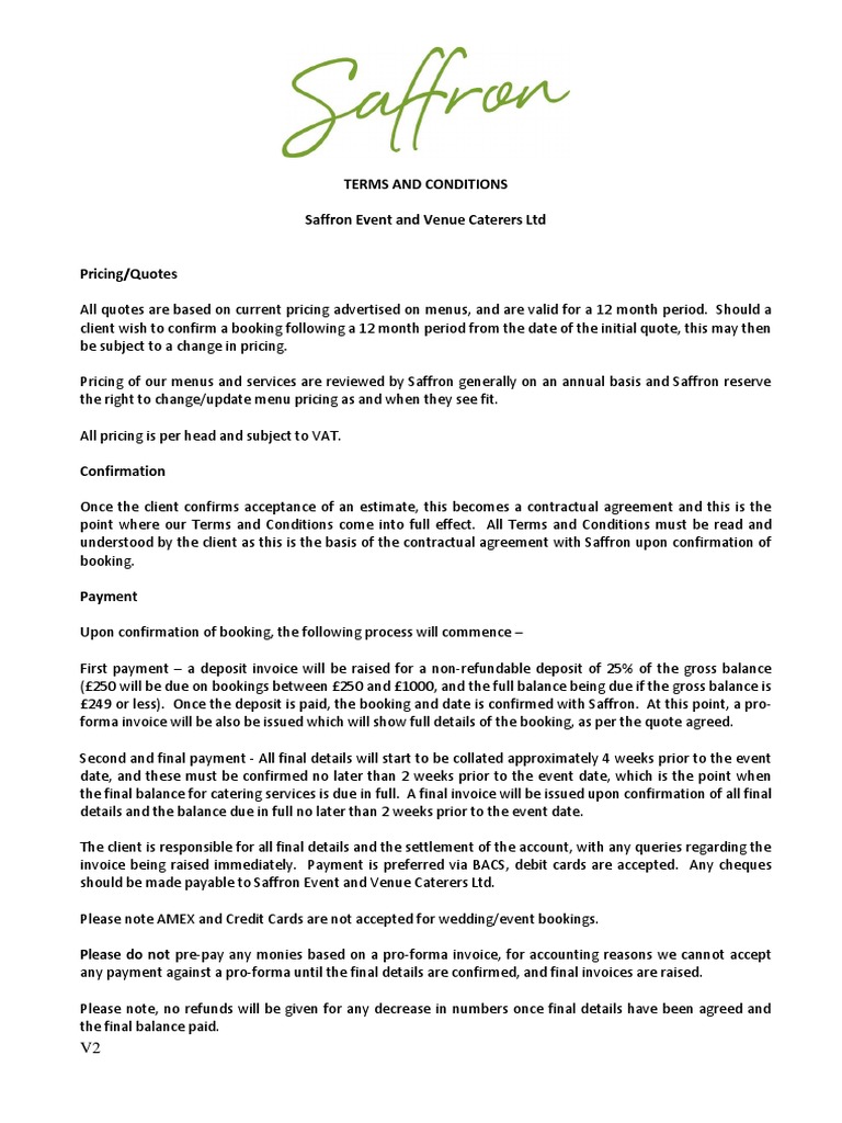 Saffron Catering Terms and Conditions v2 | PDF | Menu | Invoice