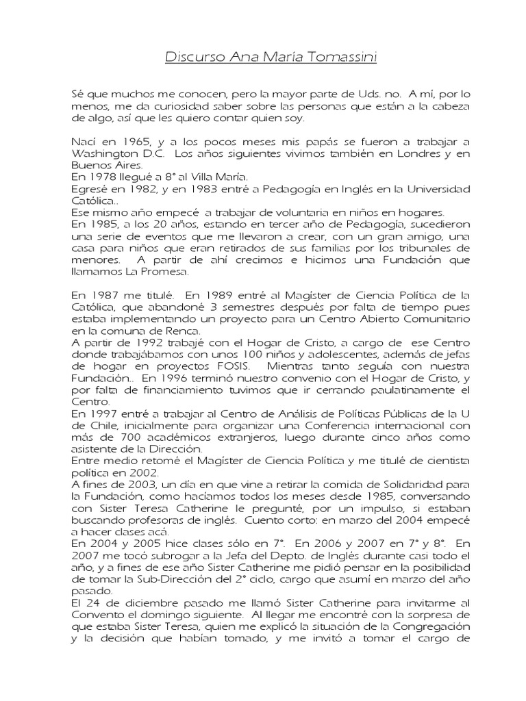 Discurso Ana Maria Tomassini | PDF | Iglesia Católica | Plan de estudios