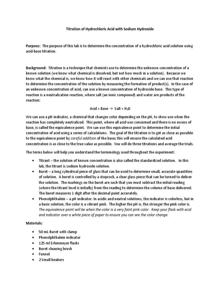 Chapter 4 Lab Titration of Hydrochloric Acid With Sodium Hydroxide PDF ...