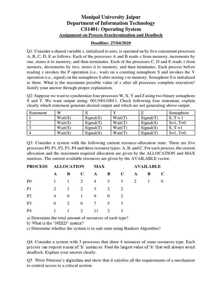 Assignment OS Deadlock Semaphore 2020 IT 27 04 2020 PDF | PDF | Concurrent Computing ...