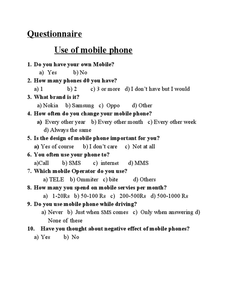 Questionnaire Use of Mobile Phone | PDF