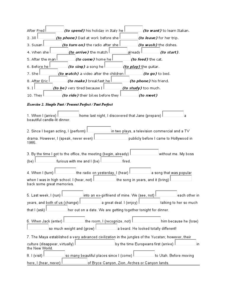 Exercise 2. Simple Past / Present Perfect / Past Perfect | PDF