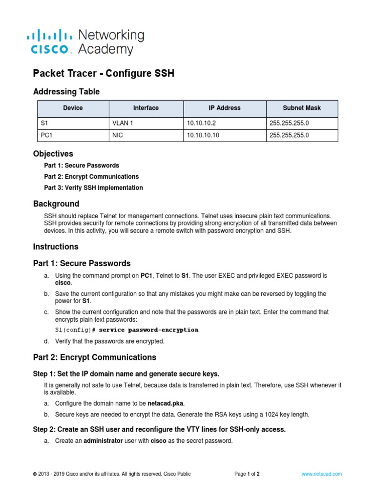 Packet Tracer Configure Ssh Addressing Table Pdf Secure Shell 0418