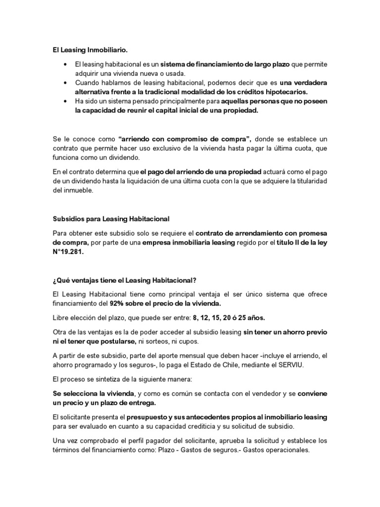 Leasing Habitacional en Chile: Guía Completa | PDF | Arrendamiento ...