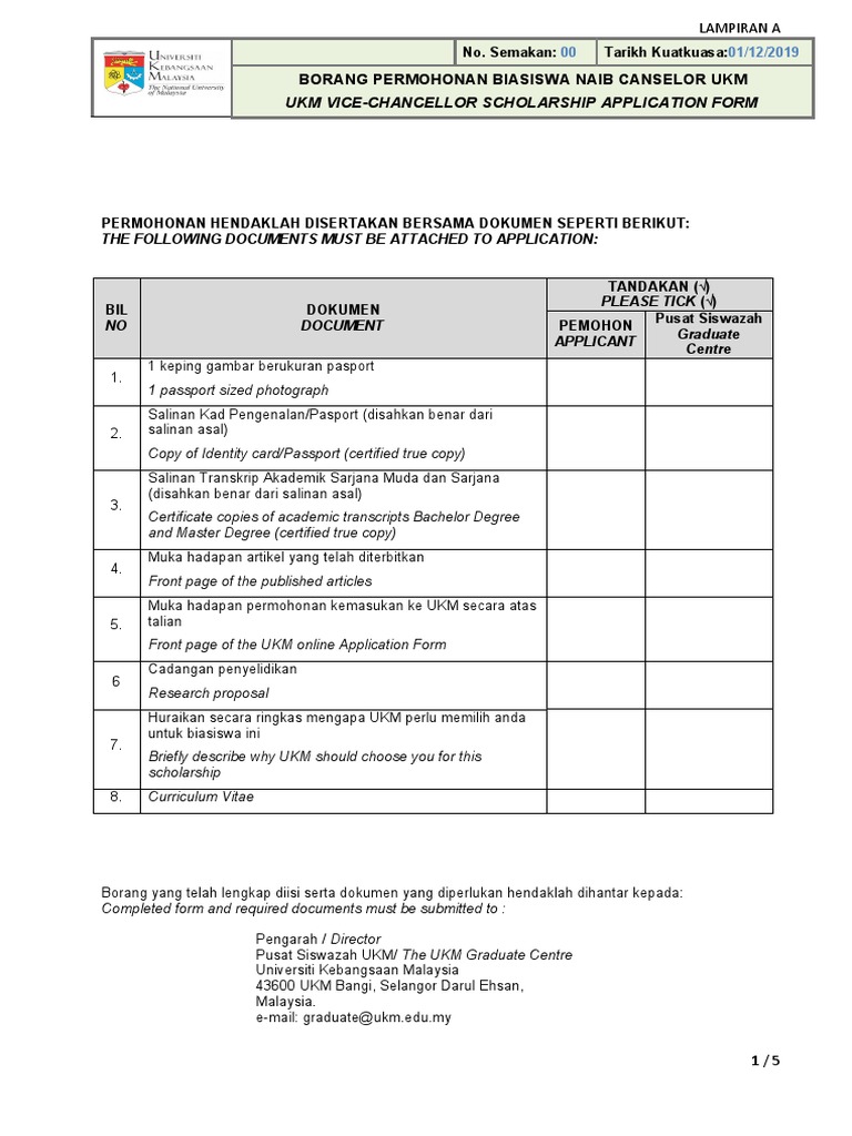 UKM Vice-Chancellor Scholarship Form | PDF | Document | Government And ...