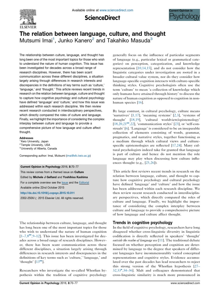 The Relation Between Language, Culture, and Thought | PDF | Psychology ...