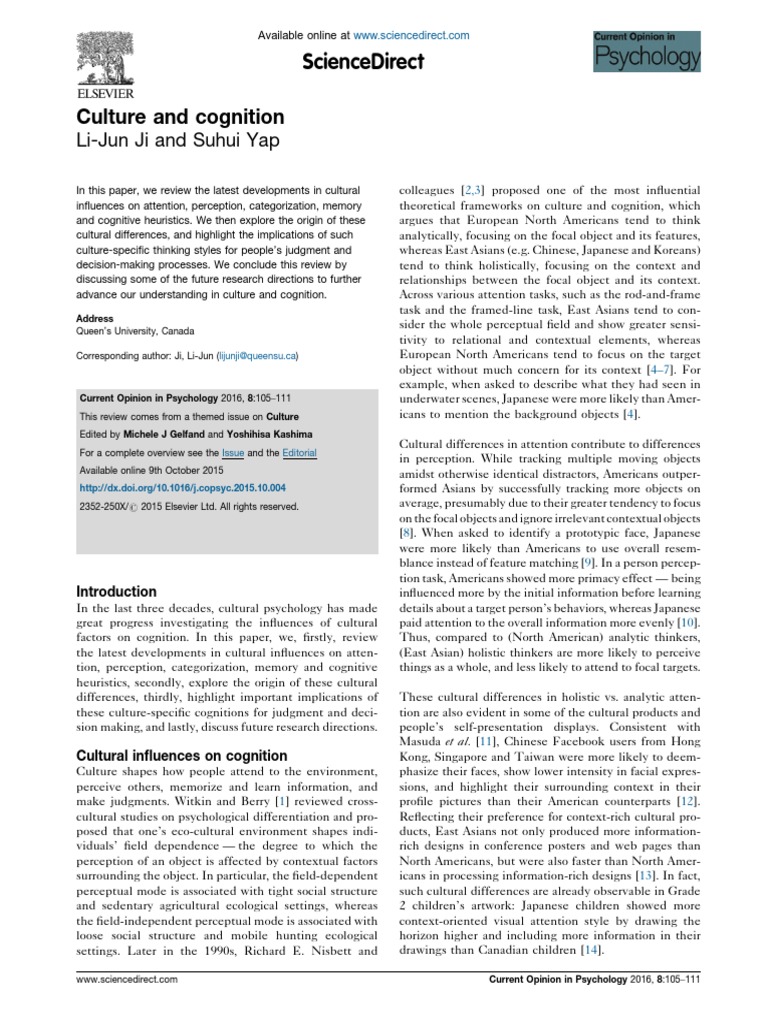 Cultural Influences on Cognition | PDF | Perception | Attention