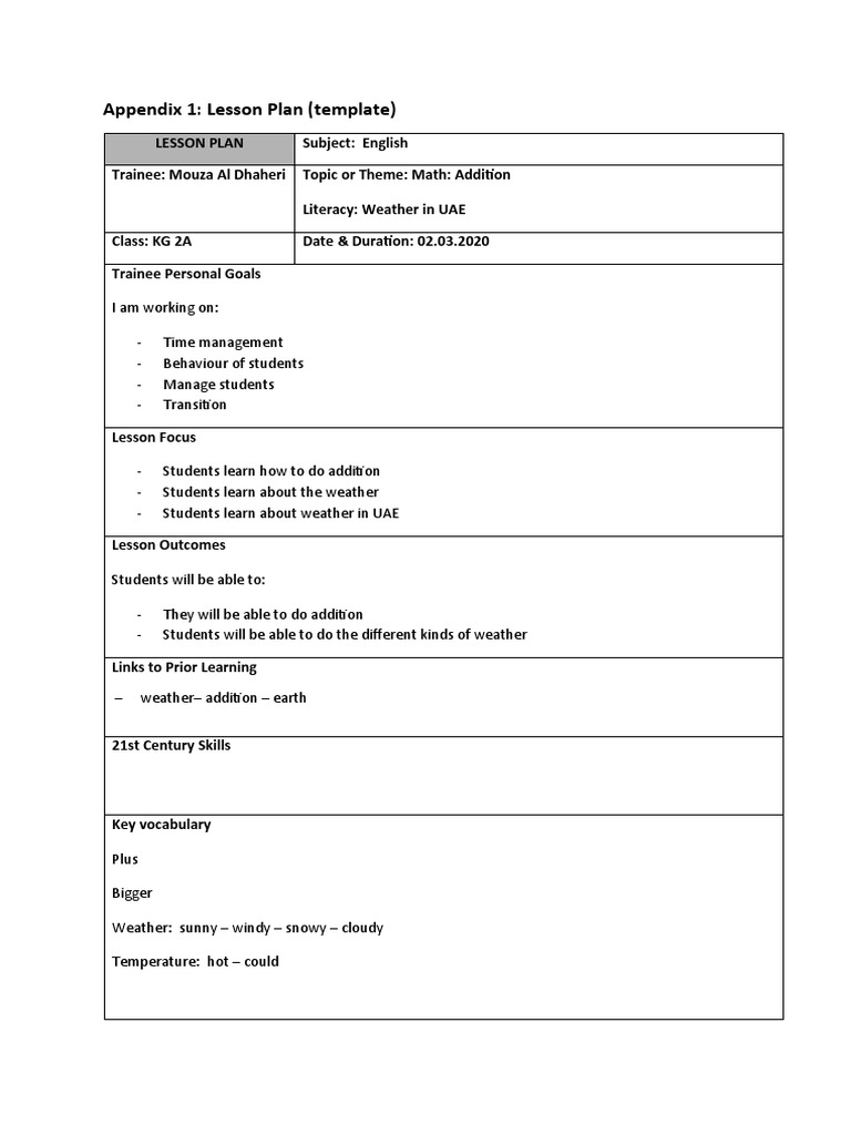 Appendix 1: Lesson Plan (Template) | PDF | Lesson Plan | Applied Psychology
