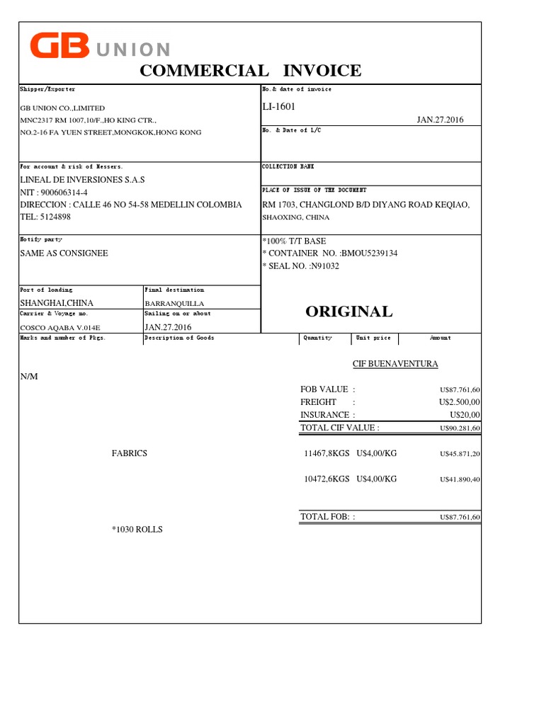 Original CIF Commercial Invoice | PDF