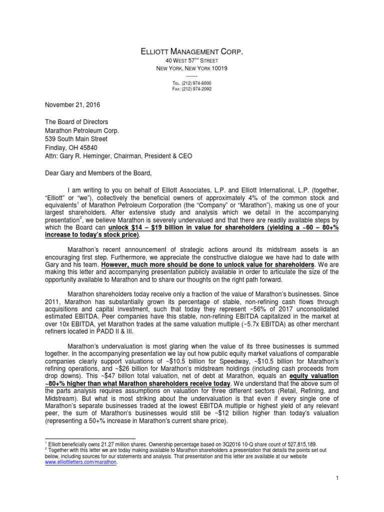 Elliott Letter To Marathon Nov 2016 | PDF | Valuation (Finance ...