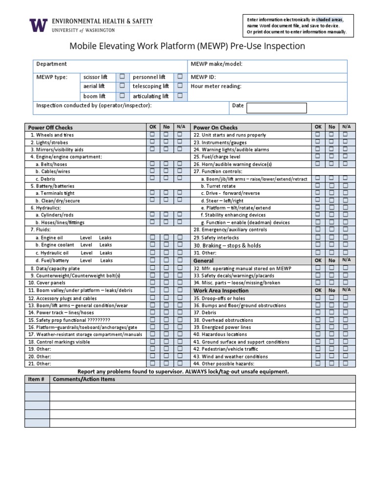 Mewp Pre Use Inspection Checklist | PDF | Elevator | Vehicles