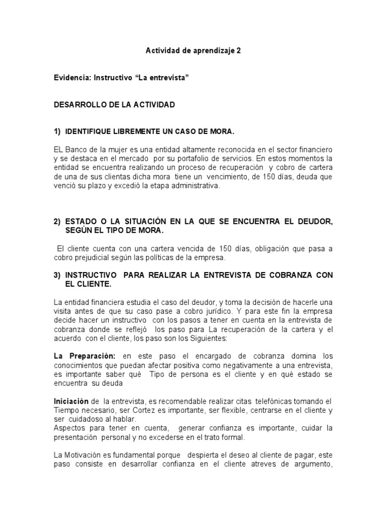 Actividad de Aprendizaje 2 Evidencia 2 LA ENTREVISTA | PDF | Deuda | Bancos