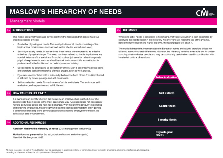 Maslow'S Hierarchy of Needs: Management Models | PDF | Motivation ...