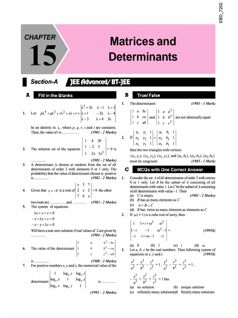Jee (Main+adv+aieee+iitjee) Previous Year Questions For Matrices and Determinants | PDF