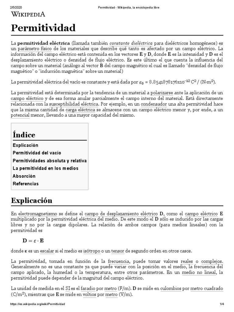 Permitividad - Wikipedia, La Enciclopedia Libre | PDF | Permisividad ...