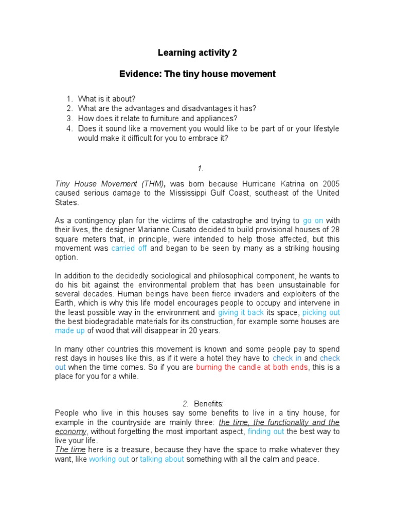 Learning Activity 2 Evidence: The Tiny House Movement | PDF | Kitchen | Nature