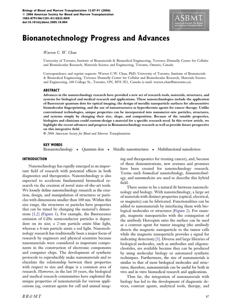 Bionanotechnology Progress and Advances | PDF | Nanotechnology | Nanomaterials