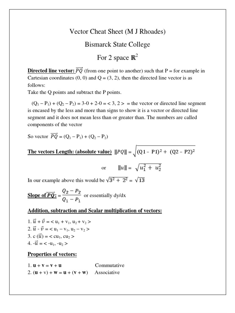 Vector Cheat Sheet In 2 Space Pdf Euclidean Vector Vector Space