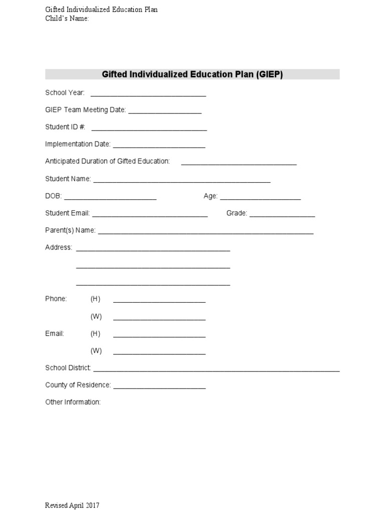 Gifted Individualized Education Plan | PDF | Individualized Education Program | Educational ...
