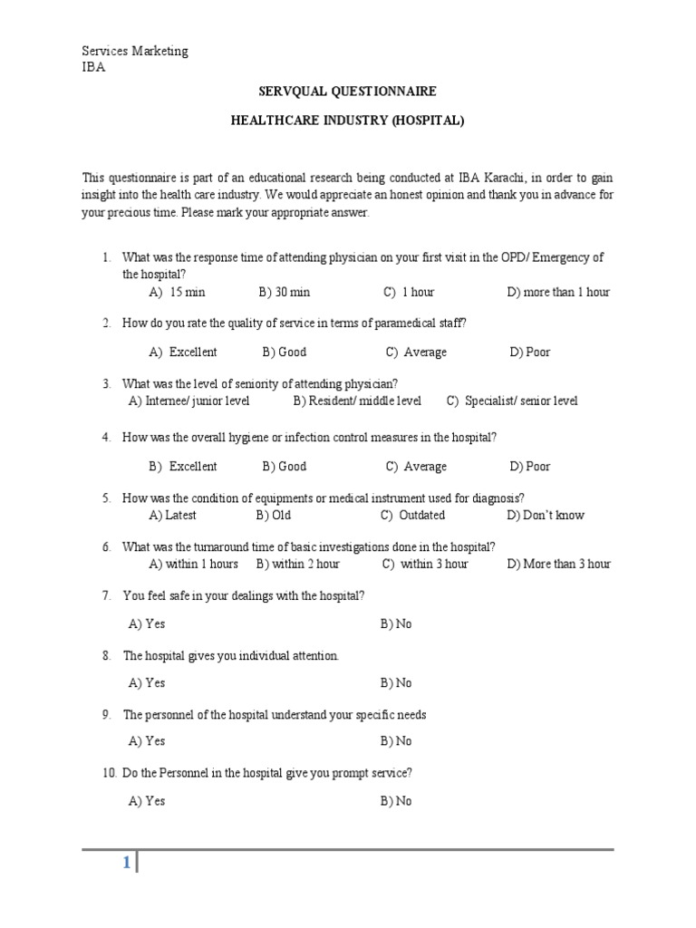 Servqual Questionnaire (Healthcare Industry) | PDF | Health Care | Hospital