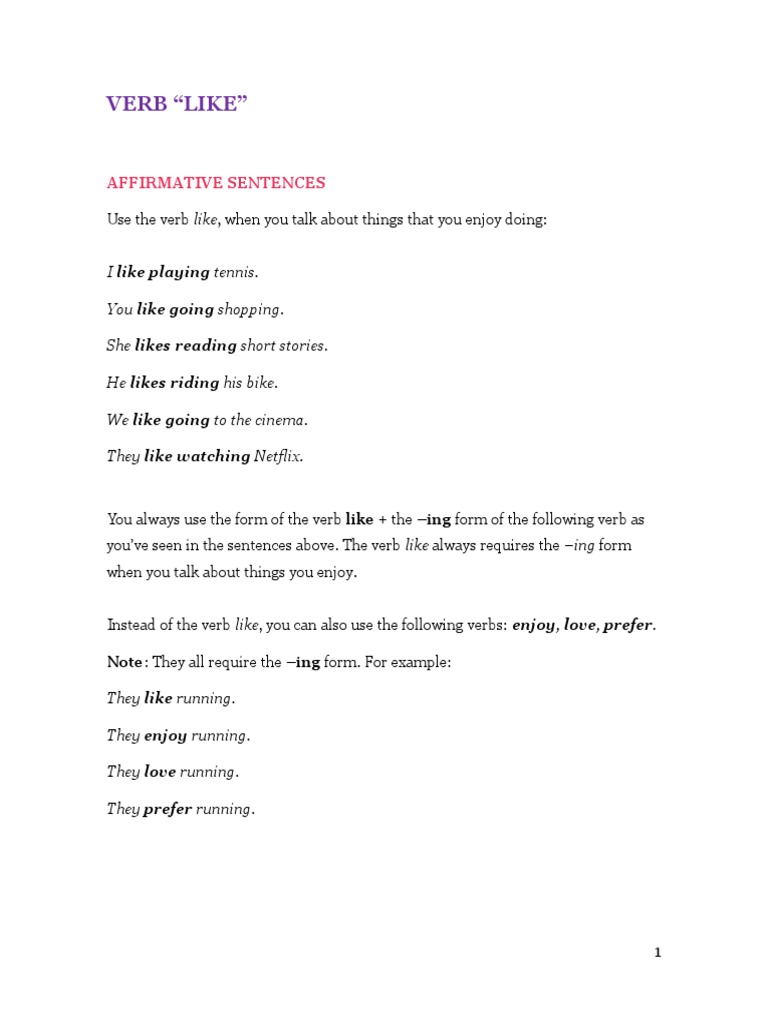 Verb "Like": Affirmative Sentences | PDF | Verb | Linguistics
