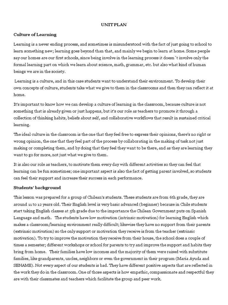 Unit Plan - Sample - by Alejandra S. | PDF | Motivation | Motivational