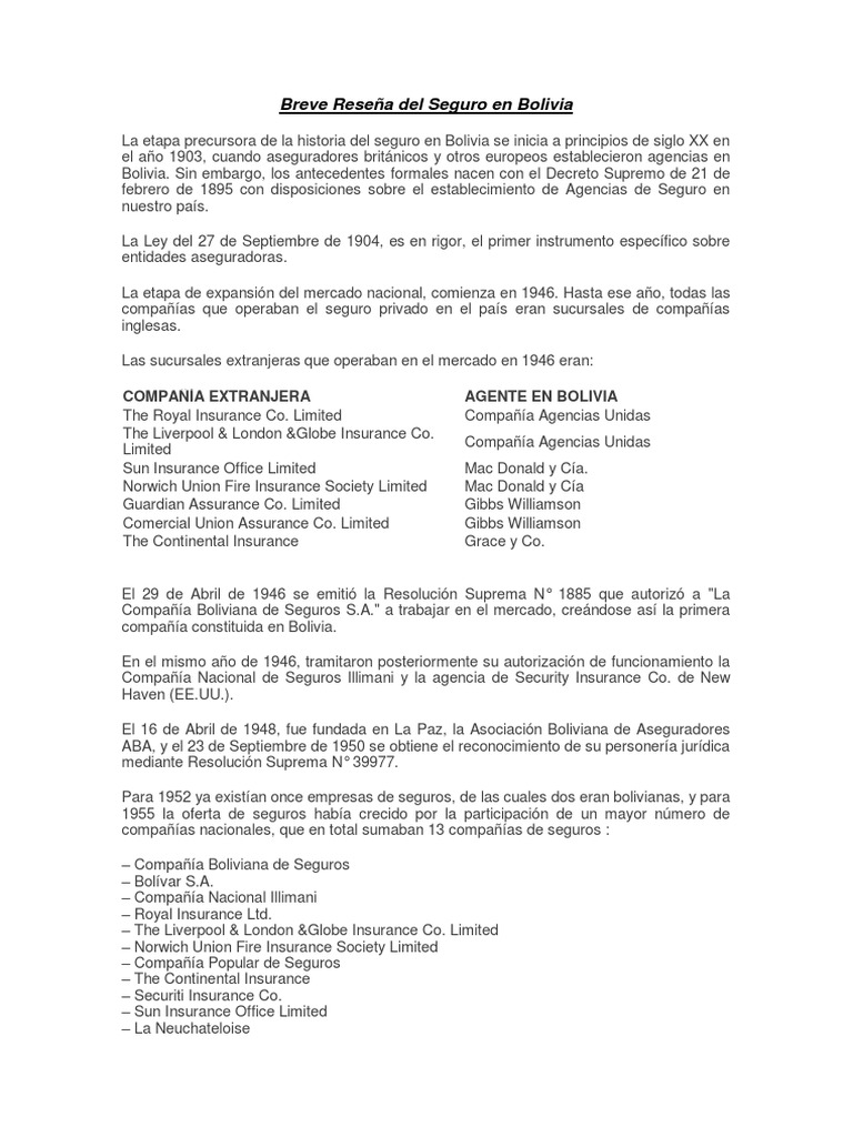 Breve Reseña Del Seguro en Bolivia | PDF | Reaseguro | Seguro