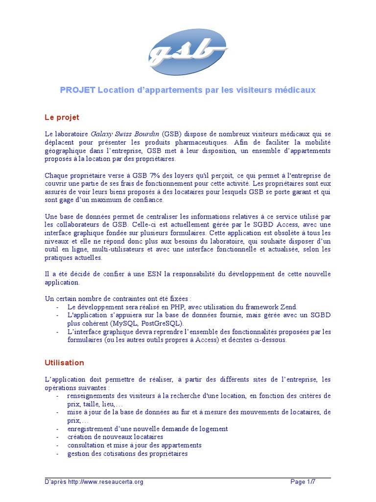 1 Projet GSB Location Appartements | PDF | Application | Bases de données