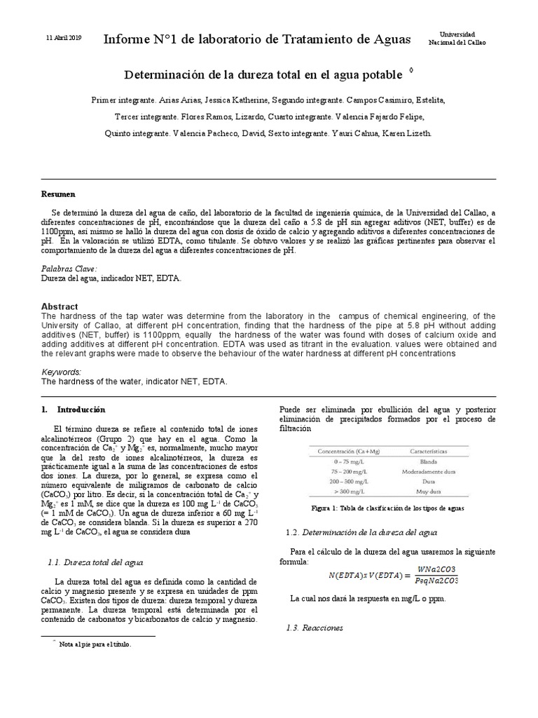 Informe N°1 de laboratorio de Tratamiento de Aguas: Determinación de la dureza total en el agua ...