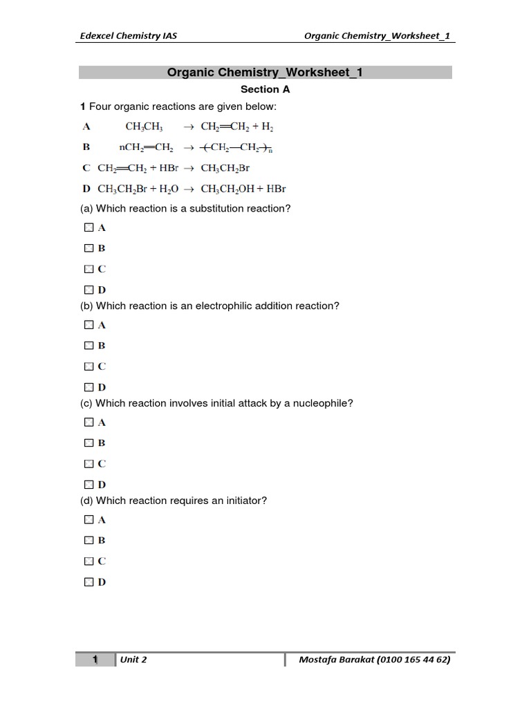 Organic Chemistry Reactions Worksheet | PDF | Hydroxide | Chemical ...