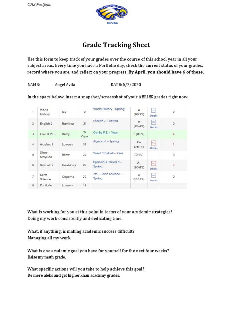 Grade Tracking Sheet 6 1 | PDF