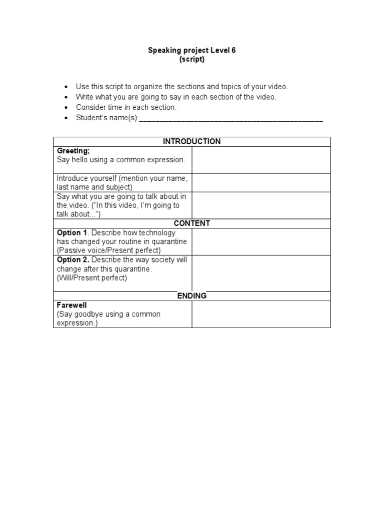 Speaking Project Level 6 (Script) | PDF