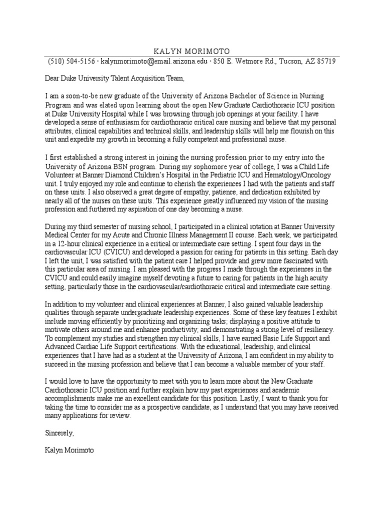 CT Icu Cover Letter - Kalyn Morimoto | PDF | Intensive Care Unit | Nursing