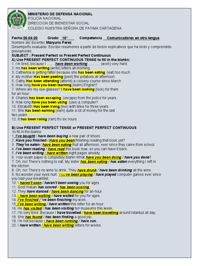 English Task - Present Perfect Continuous Tense | PDF | Cognitive ...