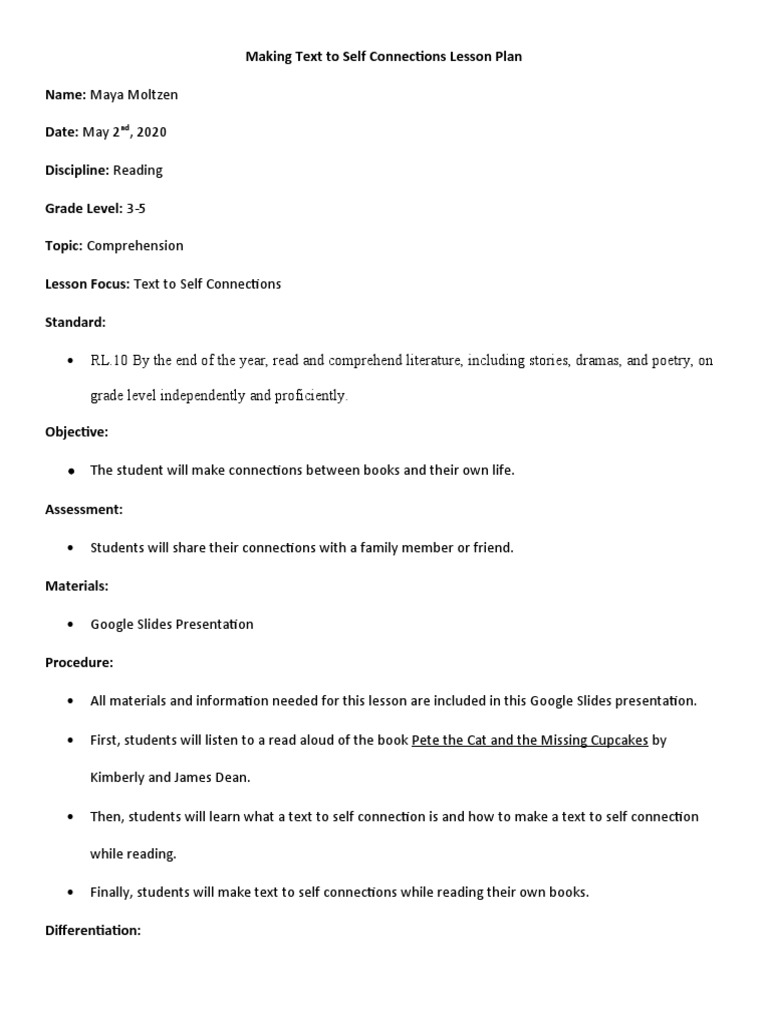 Making Text To Self Connections Lesson Plan | PDF