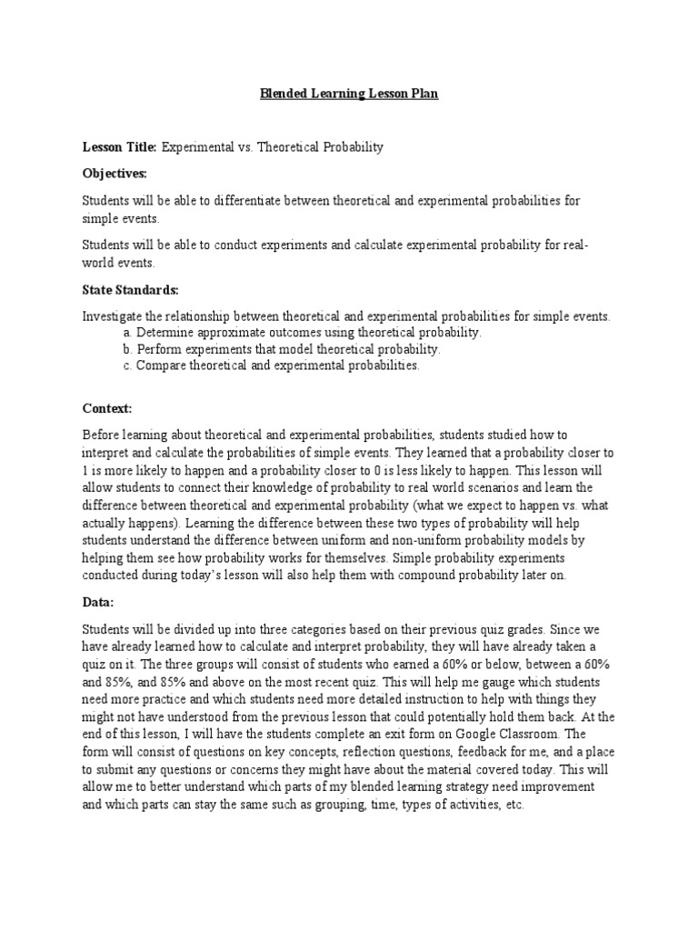 Blended Learning Lesson Plan | PDF | Probability | Experiment