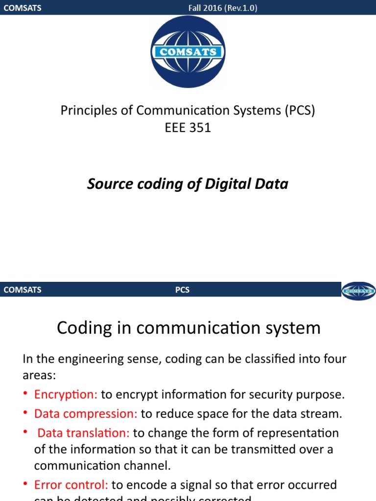 Source Coding Of Digital Data Principles Of Communication Systems Pcs