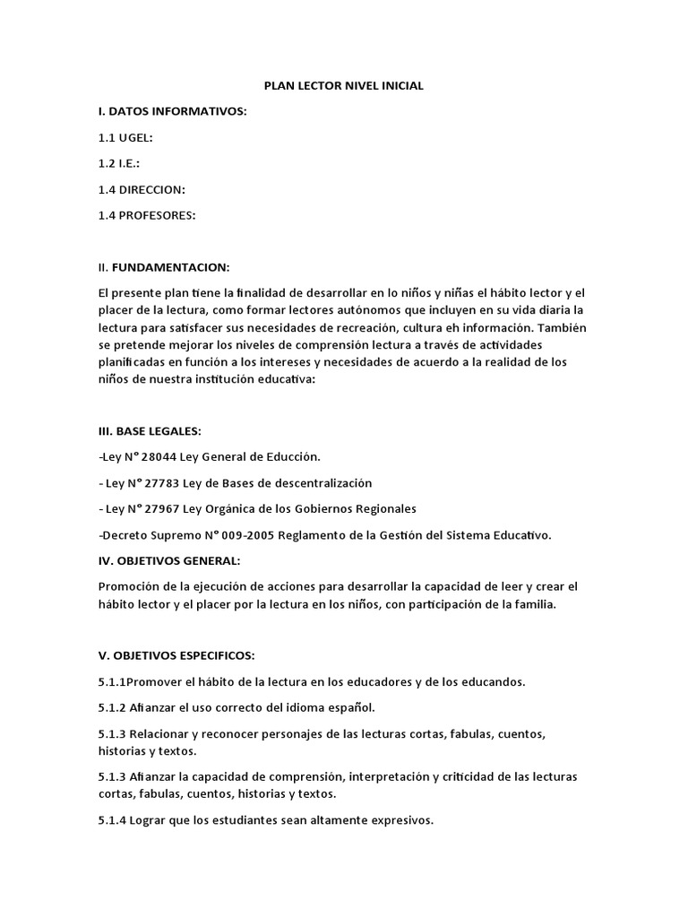 Plan Lector Nivel Inicial | PDF | Aprendizaje | Educación avanzada