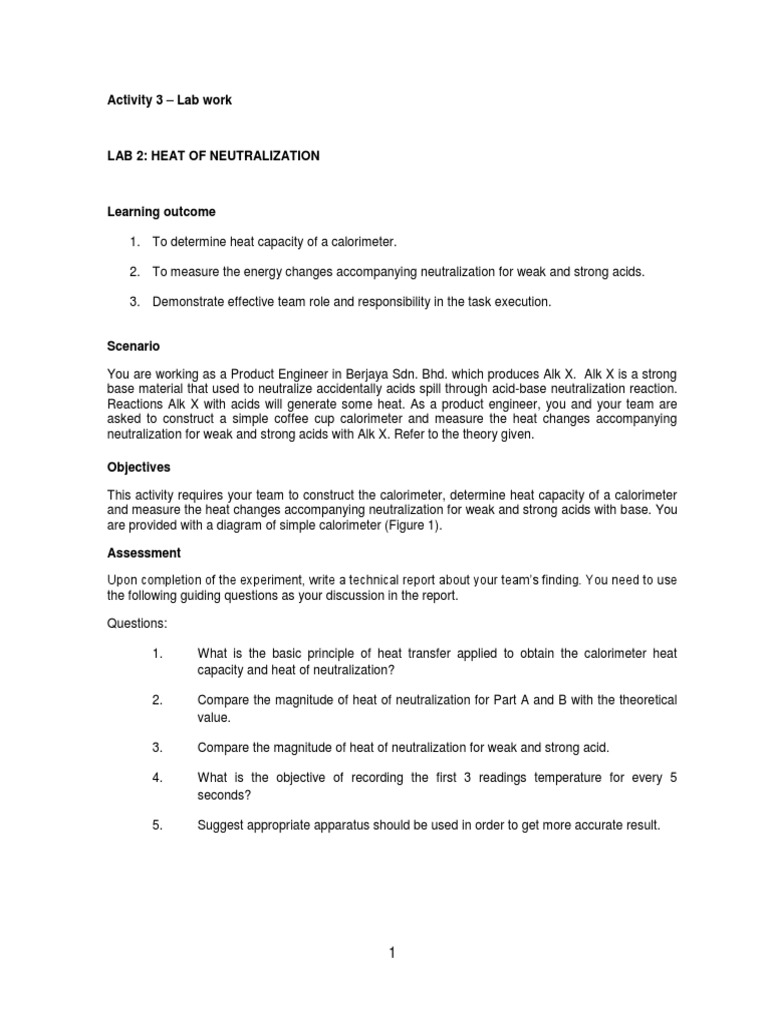 Lab 1 - Heat of Neutralization (Che 142) PDF | PDF | Enthalpy | Heat